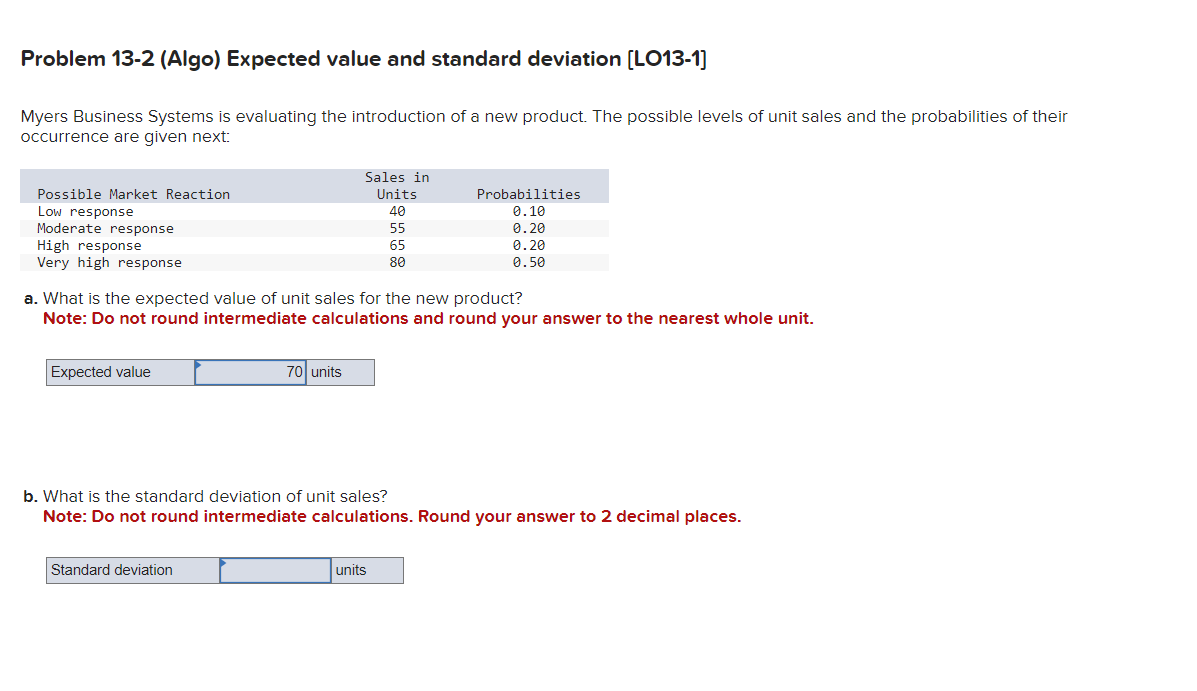 Solved Problem 13-2 (Algo) Expected value and standard | Chegg.com