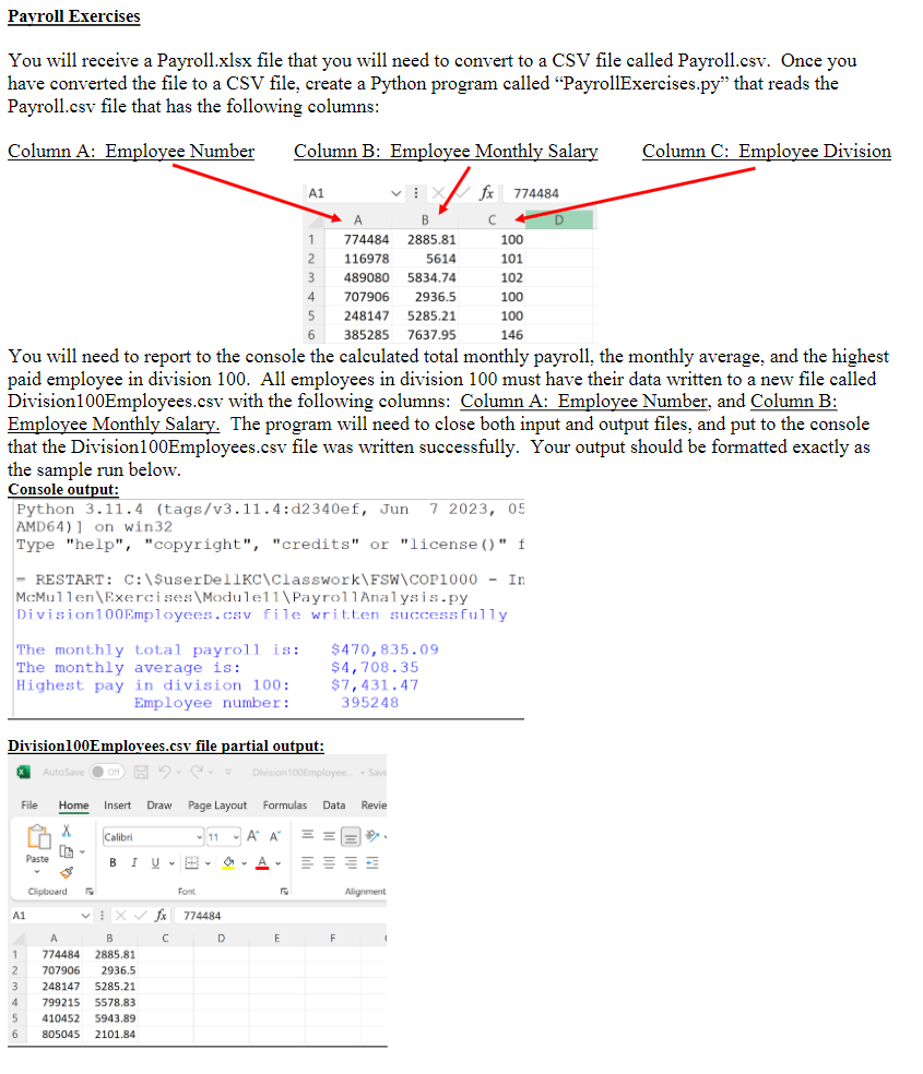 Solved Payroll ExercisesYou will receive a Payroll.xlsx file | Chegg.com