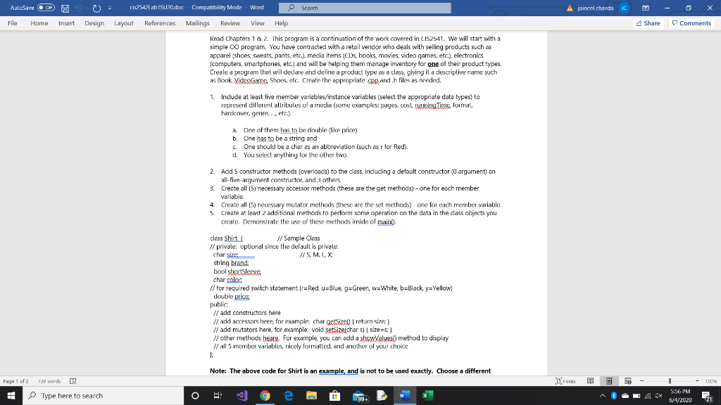 Solved AutoSave CH cis2542Lab1SU20.doc Compatibility Mode - | Chegg.com