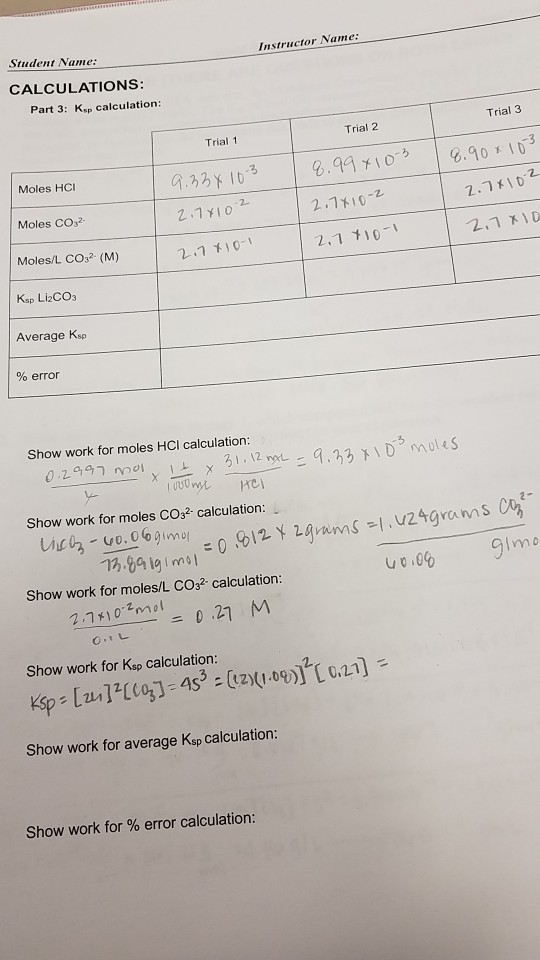 Solved Student Name: Instructor Name: CALCULATIONS Part 3: | Chegg.com