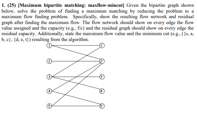 1. (25) [Maximum bipartite matching: maxflow-mincut] | Chegg.com