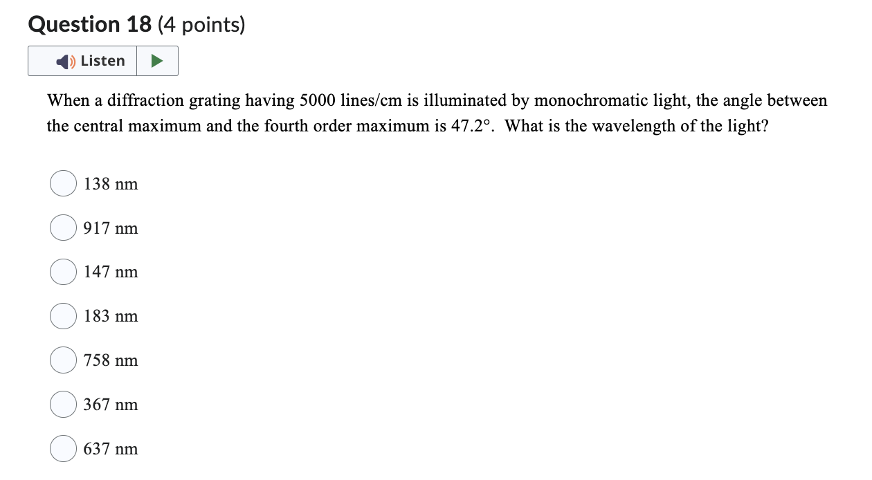Solved When a diffraction grating having 5000 lines/cm is | Chegg.com