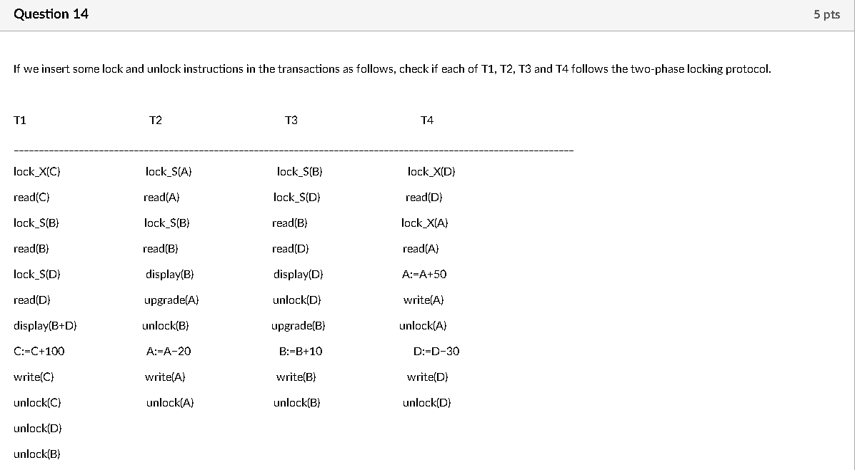 Solved Question 14 5 pts If we insert some lock and unlock | Chegg.com