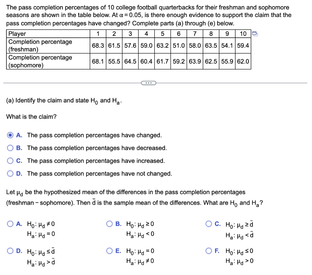 Solved The pass completion percentages of 10 college | Chegg.com