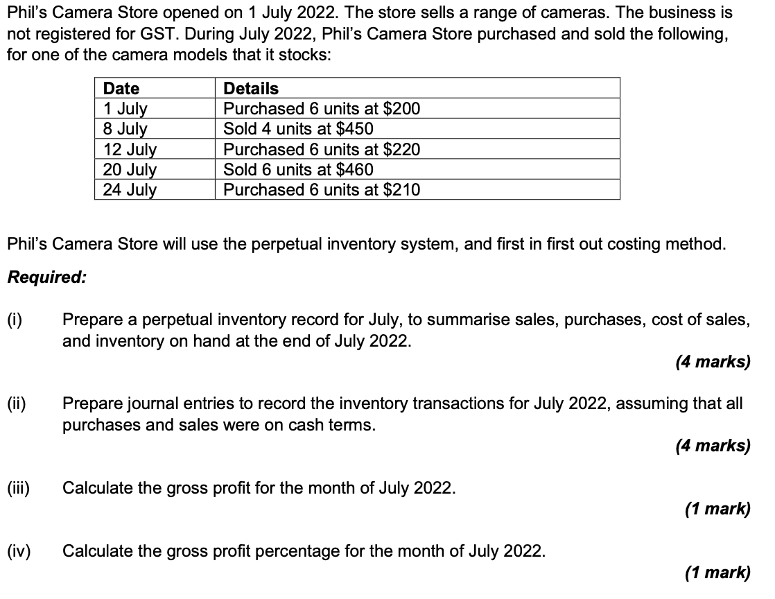 Solved Phil's Camera Store opened on 1 July 2022 . The store | Chegg.com