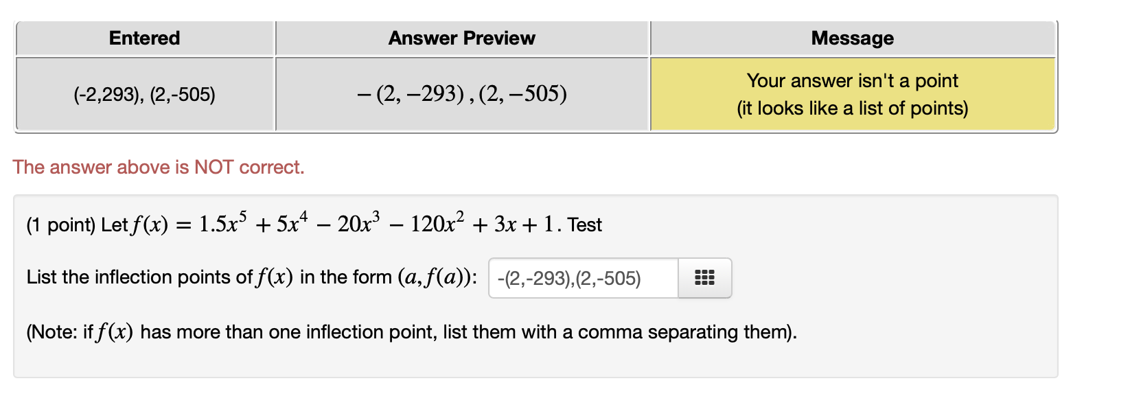 Solved Entered Answer Preview Message (-2,293), (2,-505) - | Chegg.com