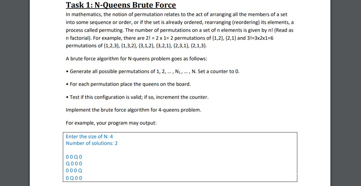 Solved Task 1: N-Queens Brute Force In mathematics, the | Chegg.com