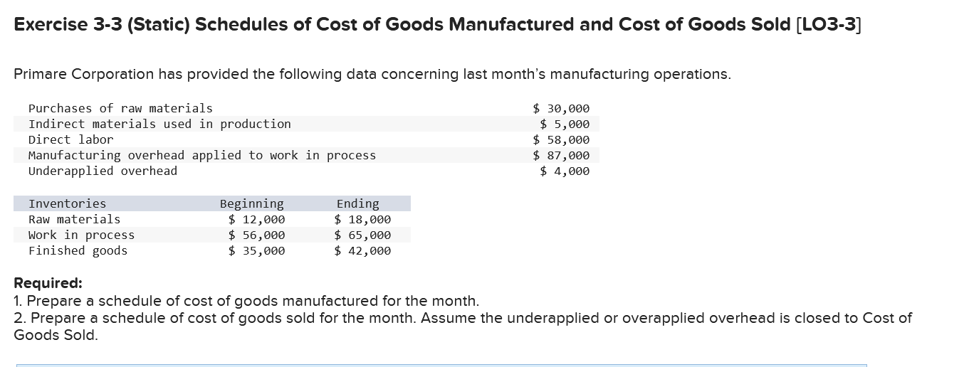 Solved Exercise 3-3 (Static) Schedules of Cost of Goods | Chegg.com