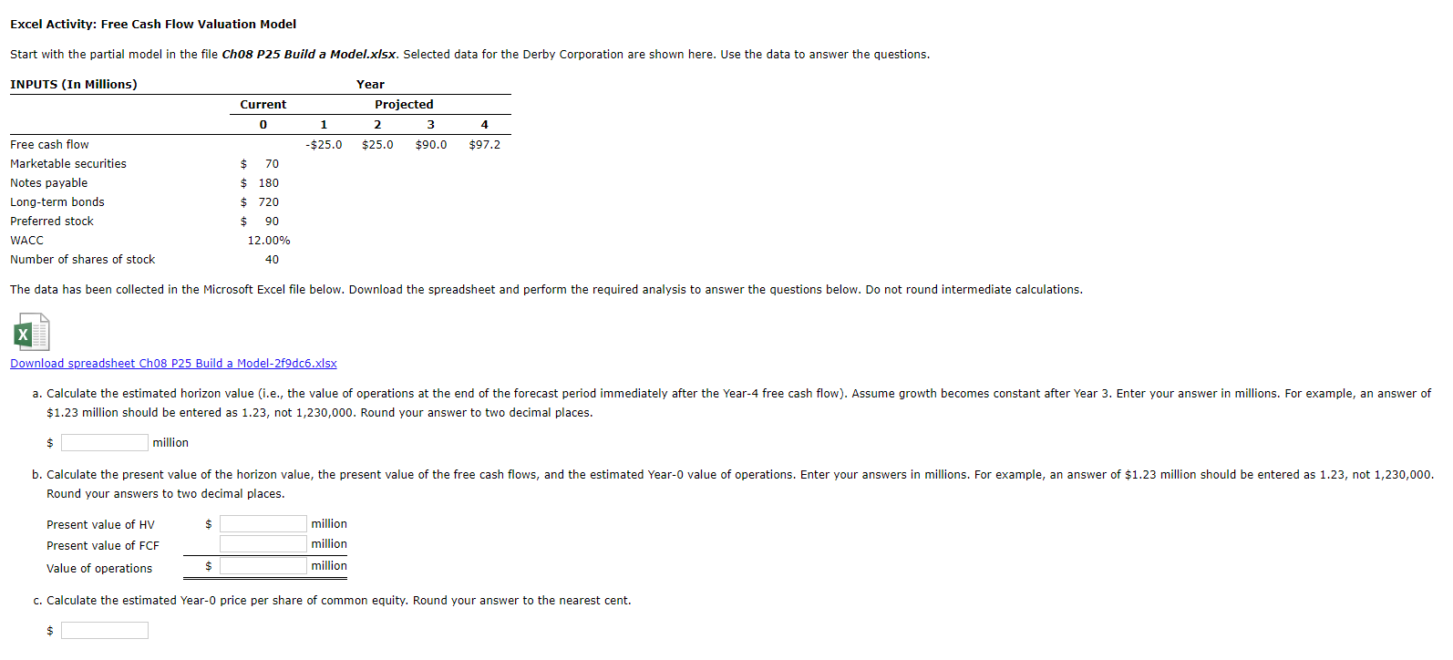 Solved Excel Activity: Free Cash Flow Valuation ModelStart | Chegg.com