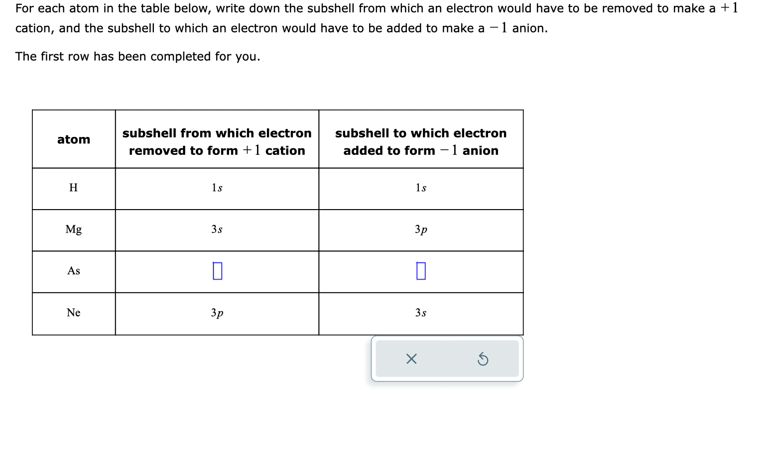 Solved For each atom in the table below, write down the | Chegg.com