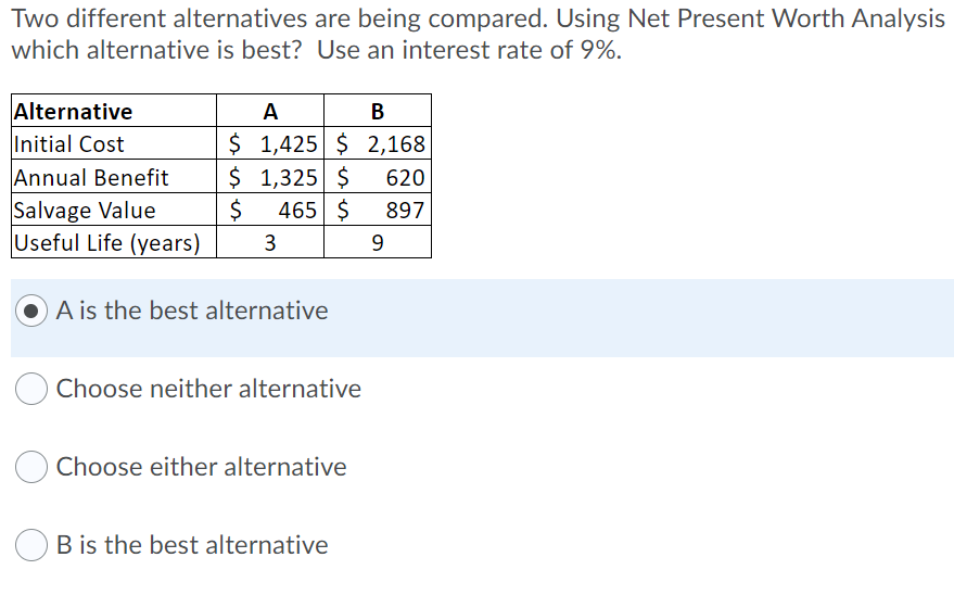 Solved Two different alternatives are being compared. Using | Chegg.com