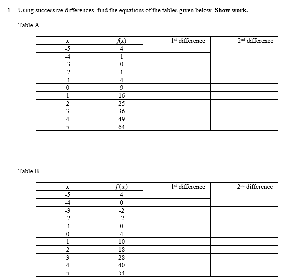 Solved 1. Using successive differences, find the equations | Chegg.com