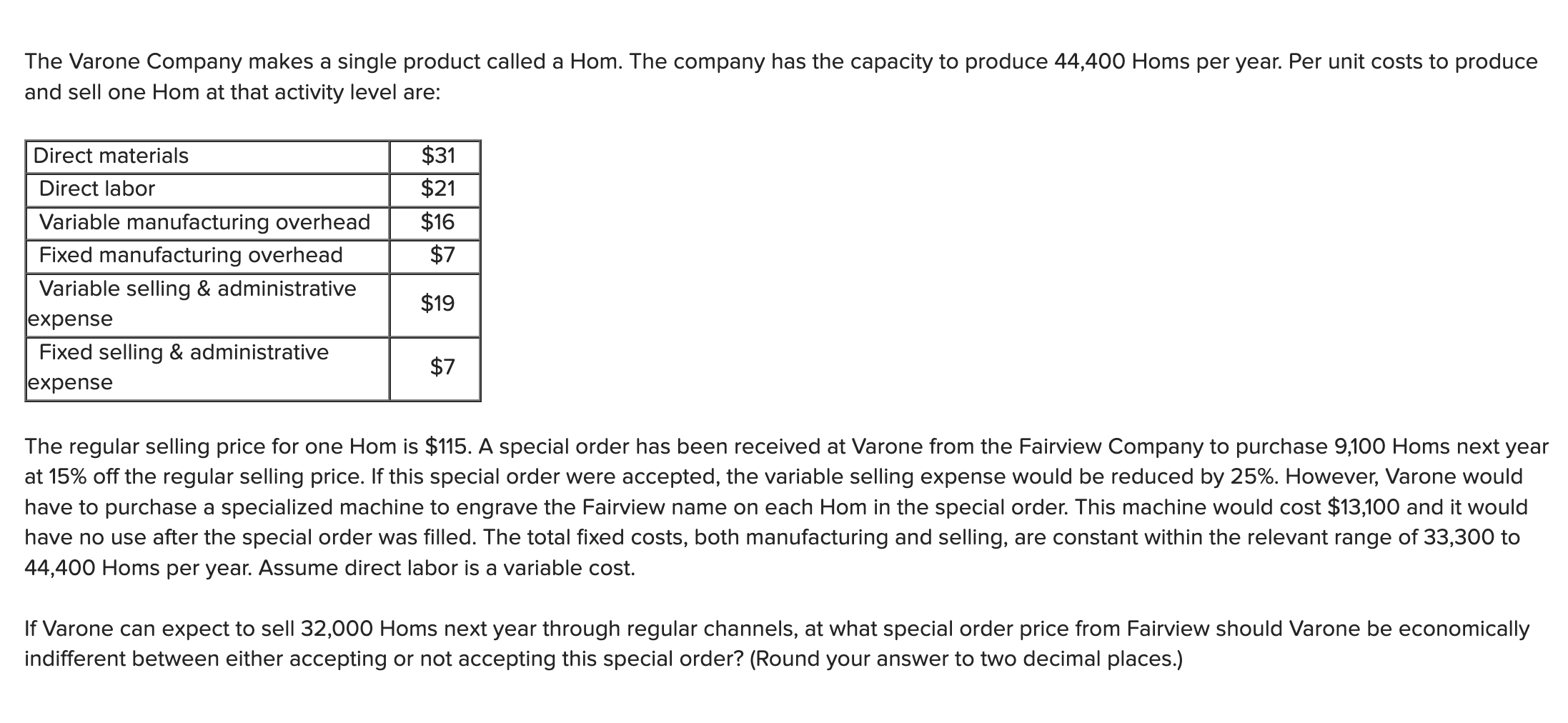 Solved The Varone Company makes a single product called a | Chegg.com