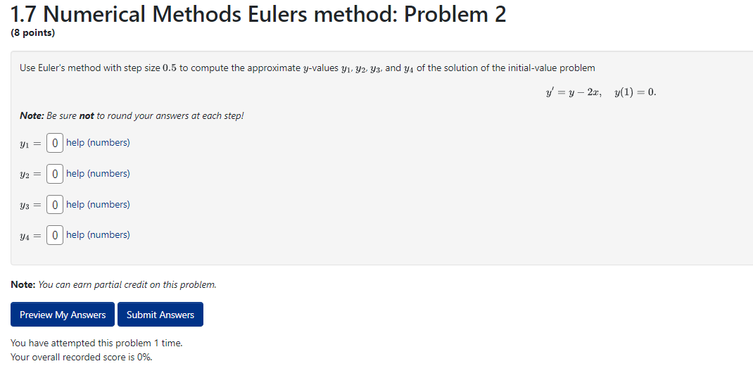 Solved 17 Numerical Methods Eulers Method Problem 2 8 