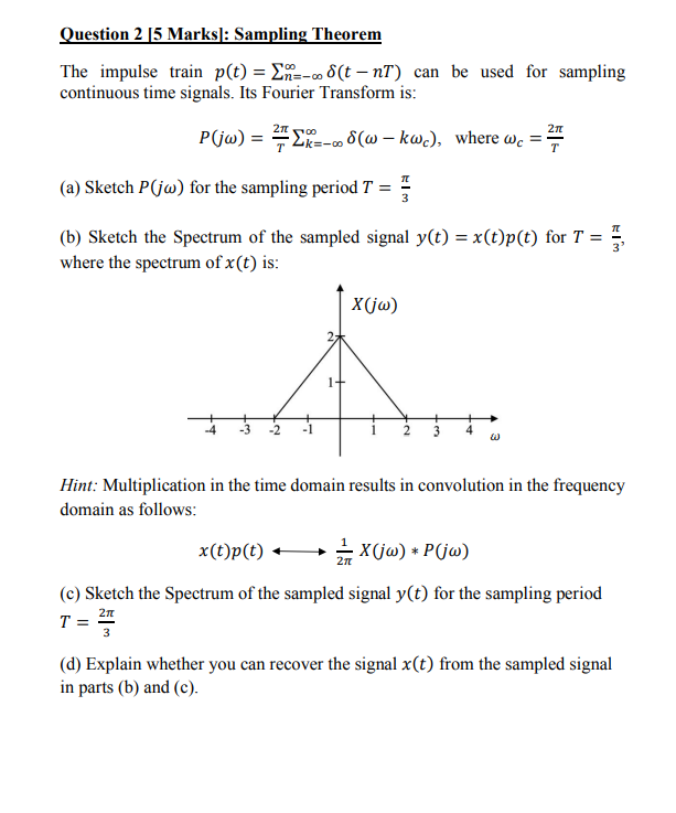 Solved Question 2 [5 Marks]: Sampling Theorem The impulse | Chegg.com