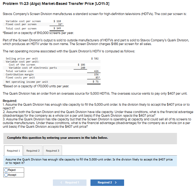 Solved Problem 11-23 (Algo) Market-Based Transfer Price | Chegg.com