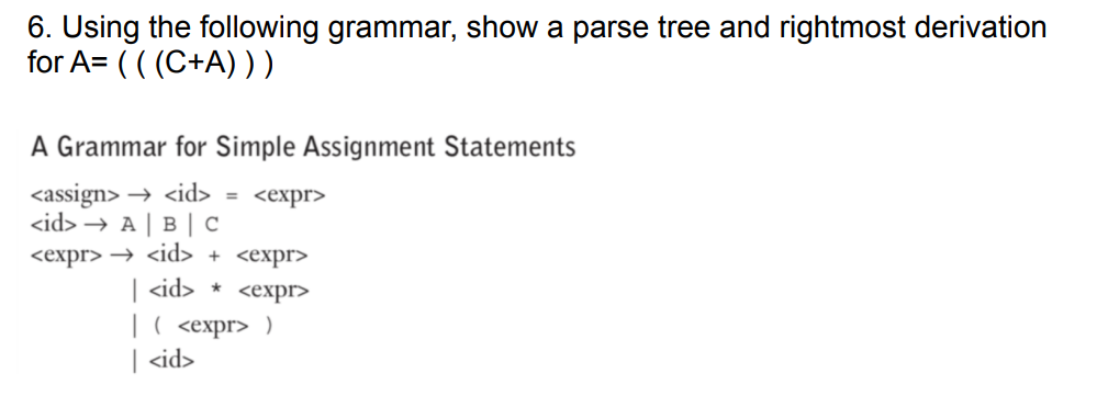 Solved 6. Using the following grammar, show a parse tree and | Chegg.com