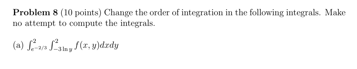 Solved Problem 8 (10 points) Change the order of integration | Chegg.com
