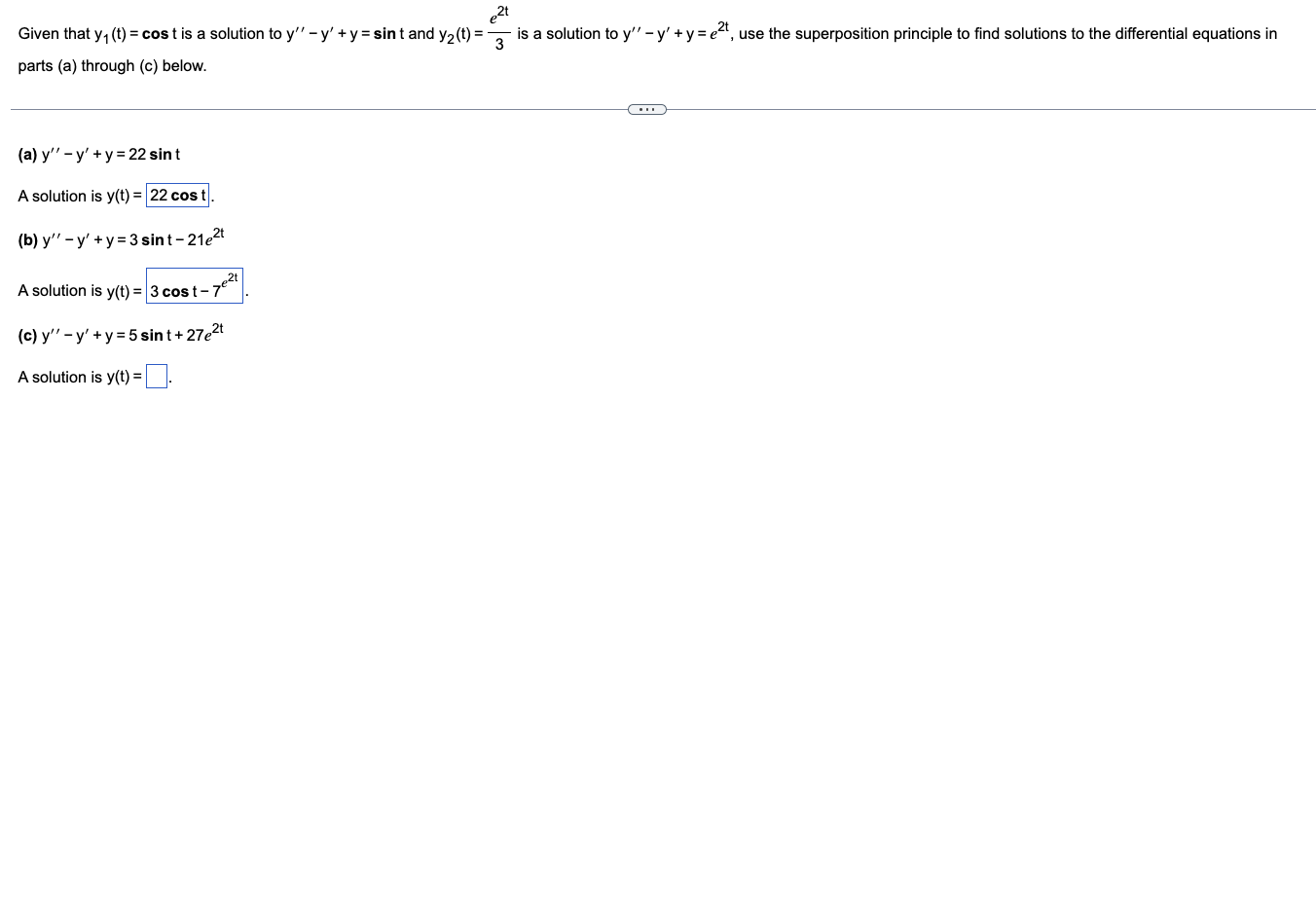 Solved Given that y1(t)=cost is a solution to y′′−y′+y=sint | Chegg.com