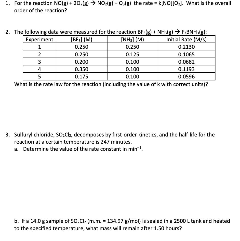 Solved 1. For the reaction NO(g) + 2O2(g) → NO2(g) + O3(g) | Chegg.com