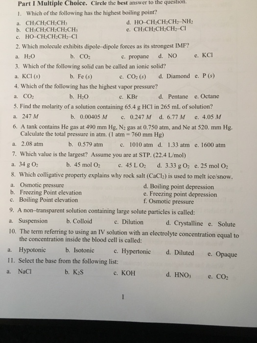 Solved Part I Multiple Choice. Circle the best answer to 1. | Chegg.com