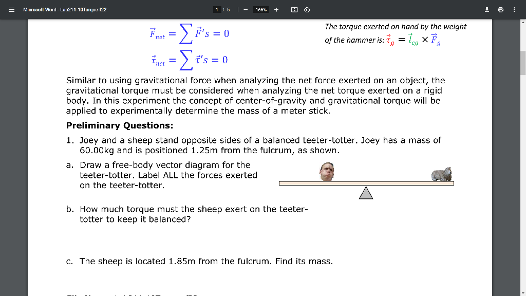 Solved Fnet=∑F′S=0τnet =∑τ′S=0 The torque exerted on hand by | Chegg.com