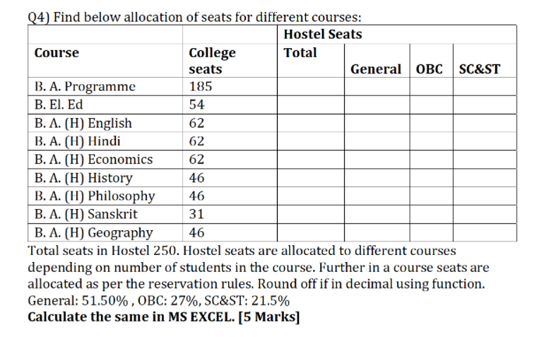 Solved Q4) Find below allocation of seats for different | Chegg.com