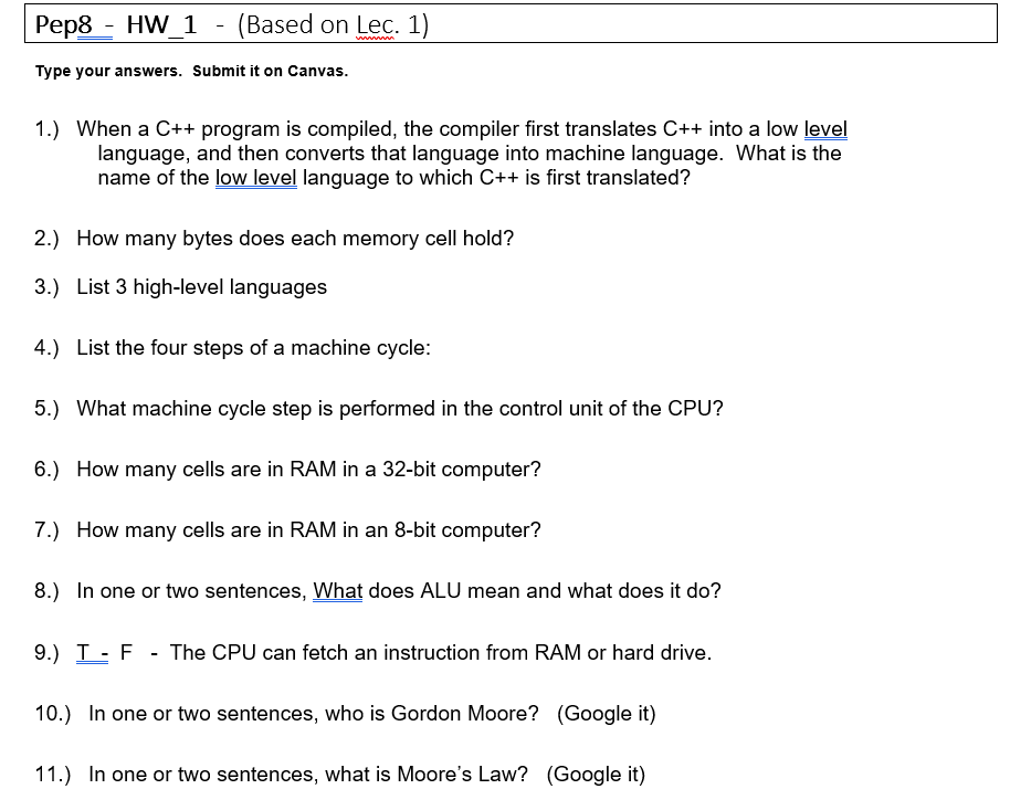 Solved Pep8 - HW_1 (Based on Lec. 1) Type your answers. | Chegg.com