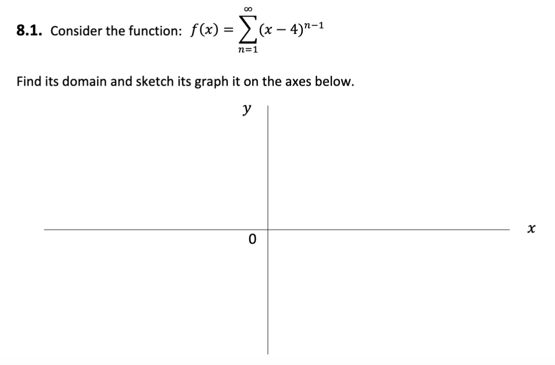 Solved 8.1. ﻿Consider the function: f(x)=∑n=1∞(x-4)n-1Find | Chegg.com