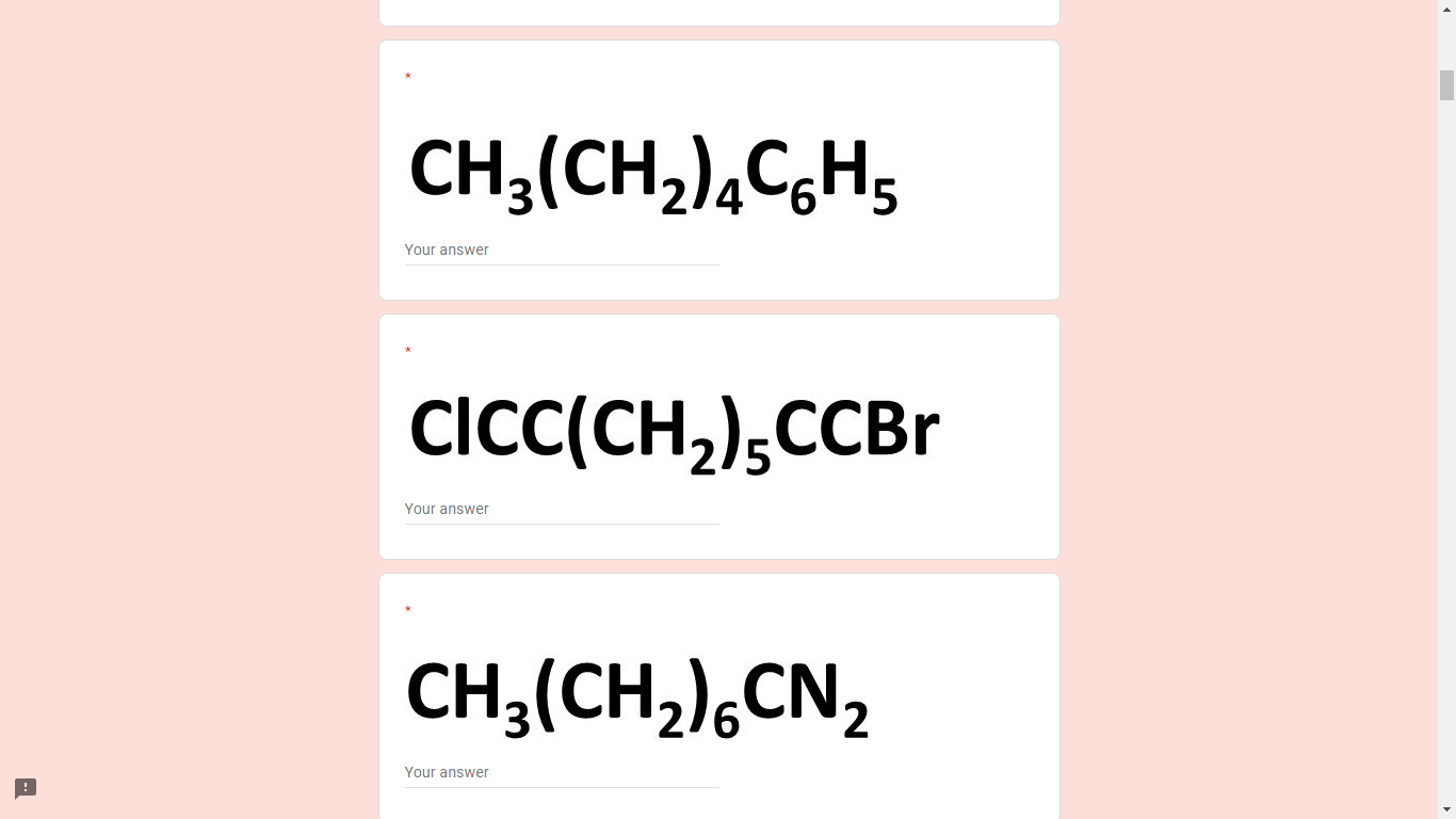 Solved CH3(CH2)4C6H5 Your answer CICC(CH2),CCBN Your answer | Chegg.com