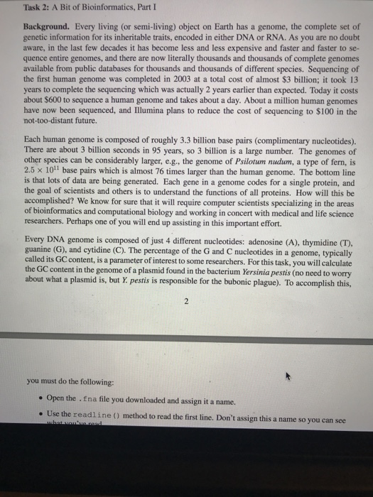 Solved Task 2: A Bit of Bioinformatics, Part I Background. | Chegg.com