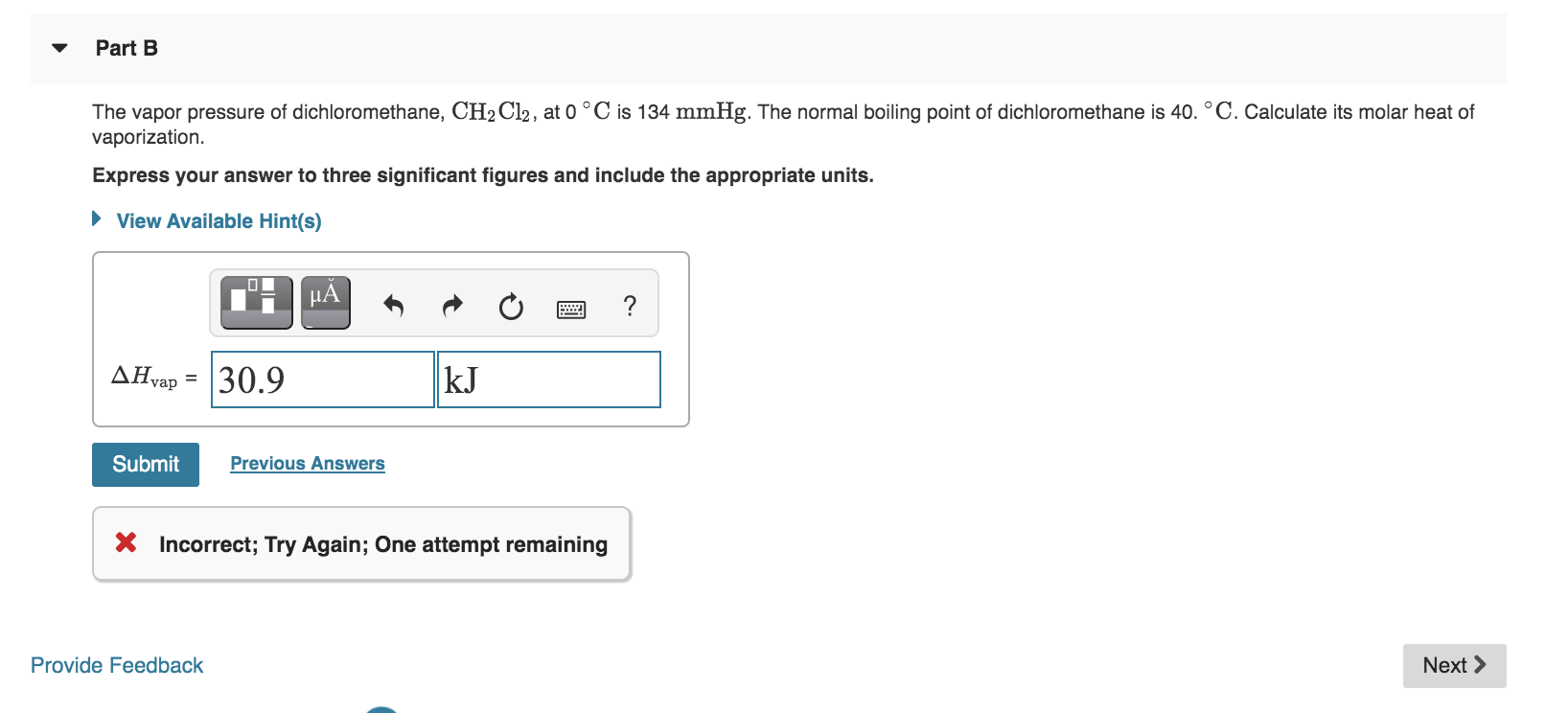 Solved Part B The vapor pressure of dichloromethane, CH2Cl2, | Chegg.com