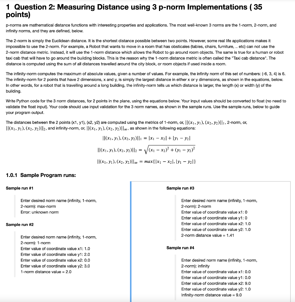 Solved 1 Question 2: Measuring Distance using 3 p-norm | Chegg.com