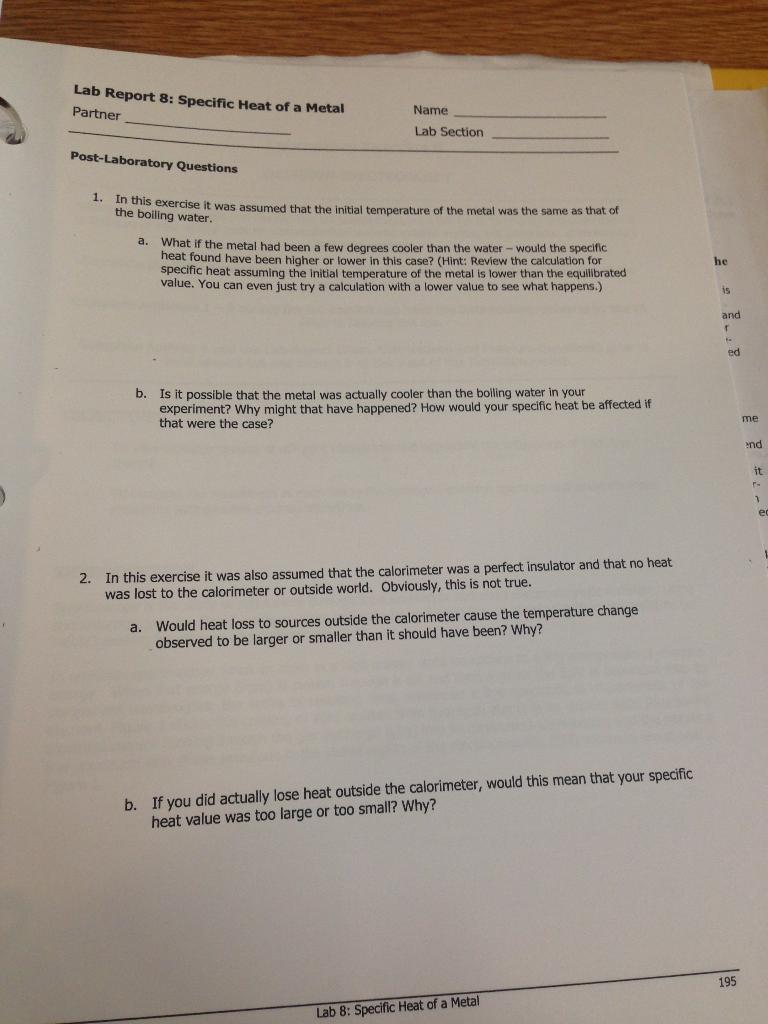 Lab Report 8: Specific Heat of a Metal Partner Name | Chegg.com