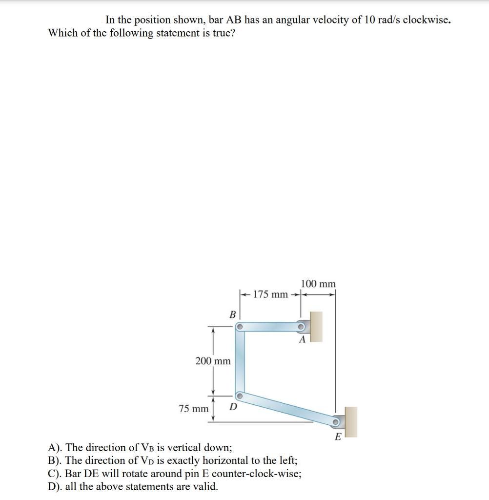 Solved In The Position Shown Bar Ab Has An Angular Velocity 