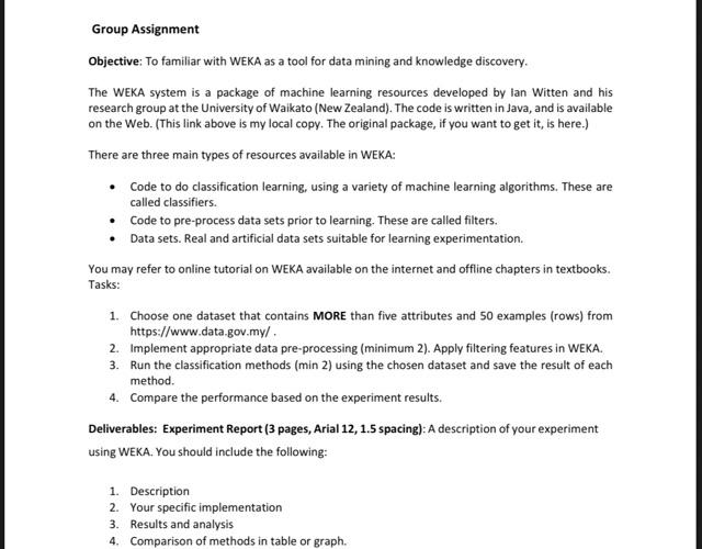 Solved Group Assignment Objective: To familiar with WEKA as | Chegg.com