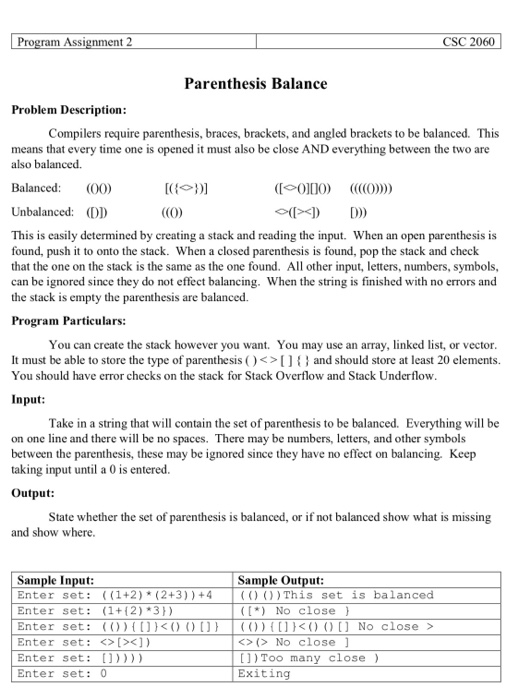 Solved ram Assignment 2 CSC 2060 Parenthesis Balance Problem | Chegg.com