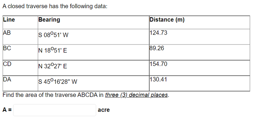 Solved A closed traverse has the following data: Line | Chegg.com