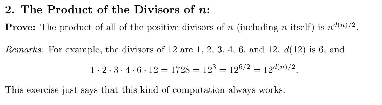 Solved 2. The Product of the Divisors of n: Prove: The | Chegg.com