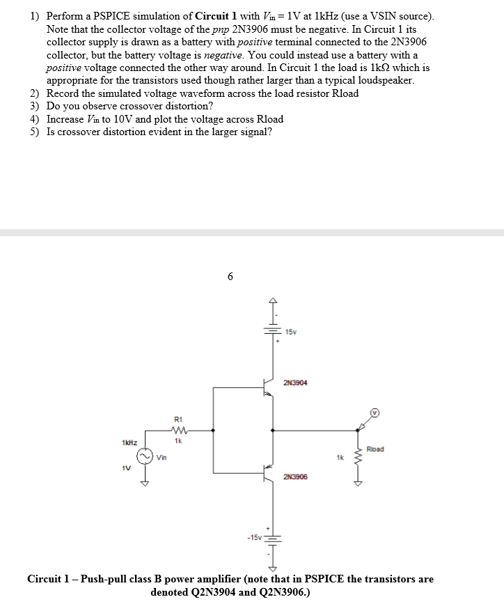 Solved 1) Perform a PSPICE simulation of Circuit 1 with Vin | Chegg.com