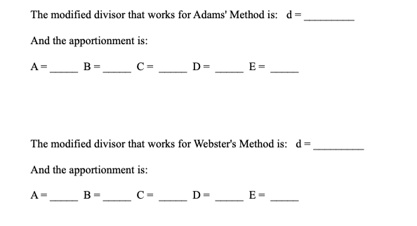 Solved Find the Jefferson, Adams and Webster's apportionment | Chegg.com
