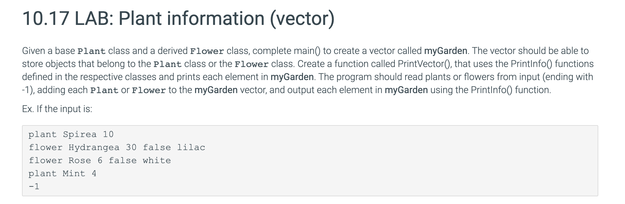 Solved 10.17 LAB: Plant information (vector) Given a base | Chegg.com