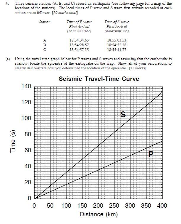 4. Three seismic stations ( A,B, and C ) record an | Chegg.com