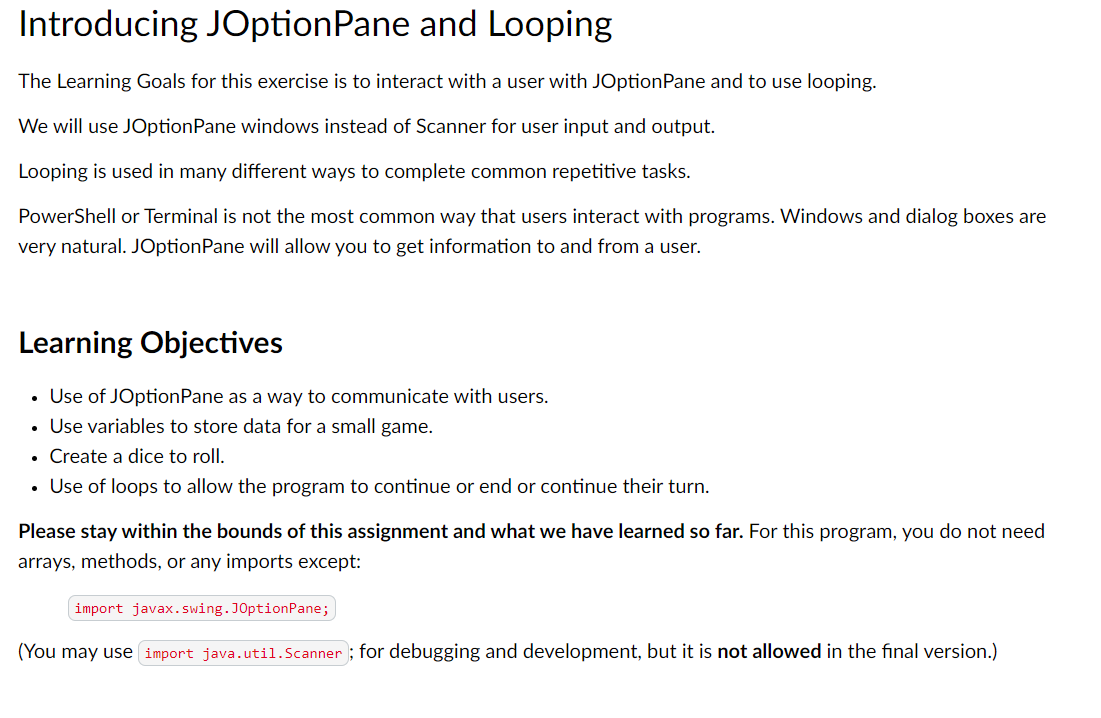 Introducing JOptionPane and Looping The Learning | Chegg.com