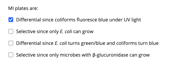 Solved MI plates are: Differential since coliforms fluoresce | Chegg.com