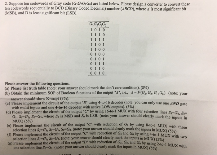 Solved 2 Suppose Ten Codewords Of Gray Code G3g2gigo Are