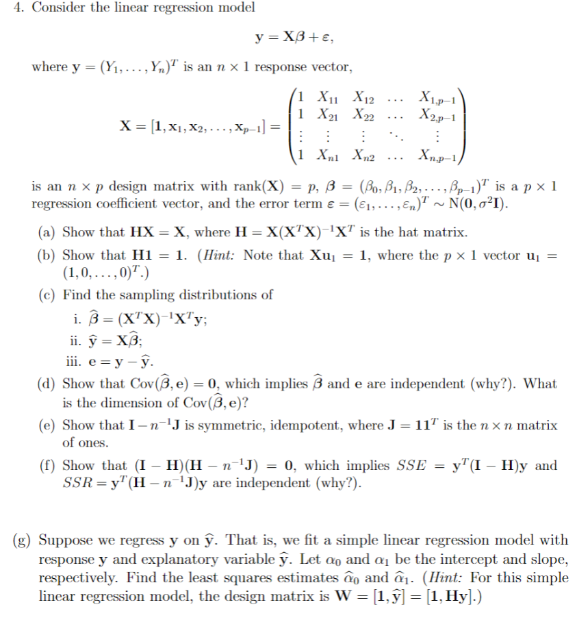 4. Consider the linear regression model y=Xβ+ε, where | Chegg.com