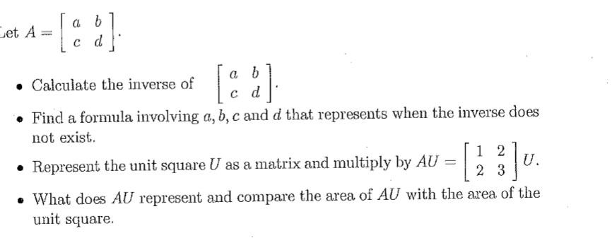 Solved et A=[acbd] - Calculate the inverse of [acbd]. - Find | Chegg.com