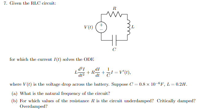 Solved 7. Given the RLC circuit: for which the current I(t) | Chegg.com