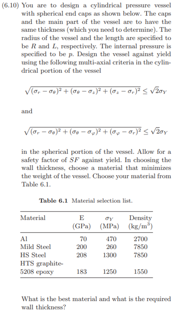 Solved (6.10) You are to design a cylindrical pressure | Chegg.com